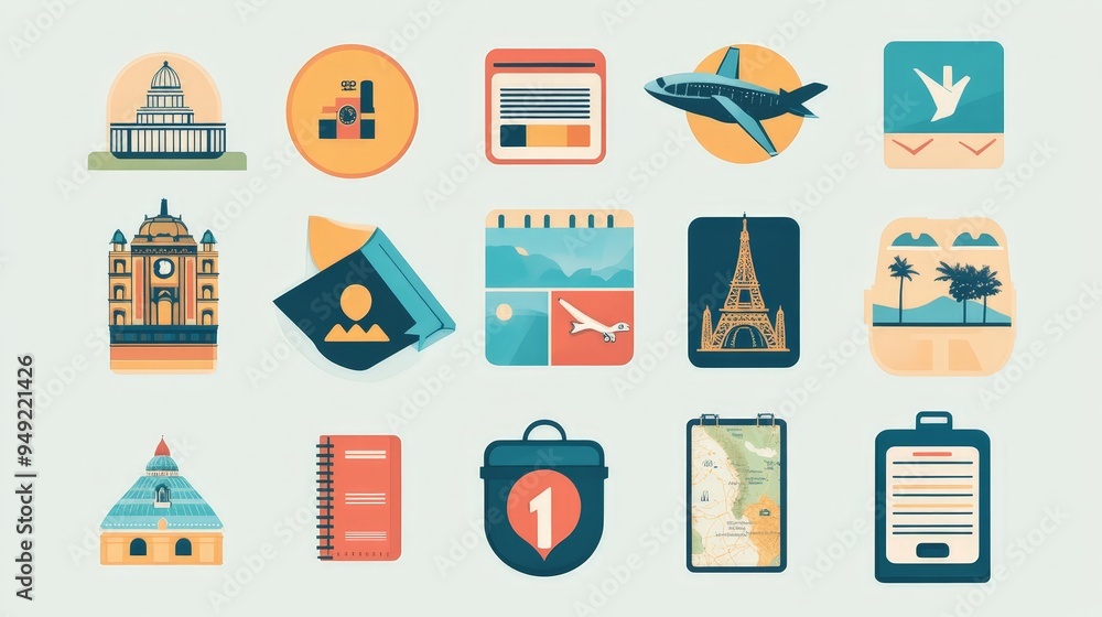 series of travel icons, featuring symbols for landmarks, maps, and ...