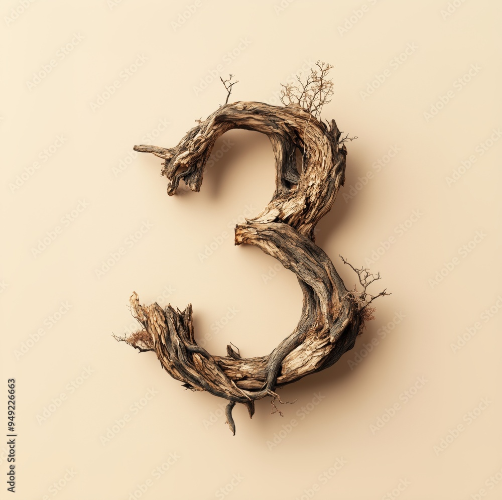 Natural Wooden Number Three Formed by Gnarled Tree Roots and Branches ...