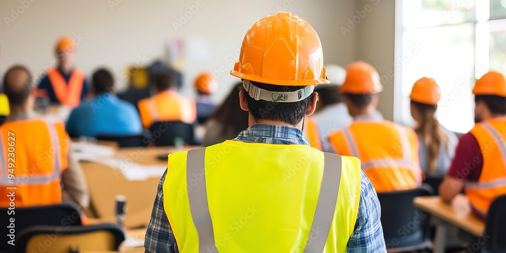 Construction workers in safety gear attending a training session in a ...