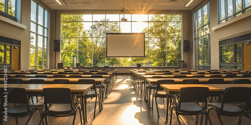 A large classroom with rows of desks and chairs set up for a lecture or ...
