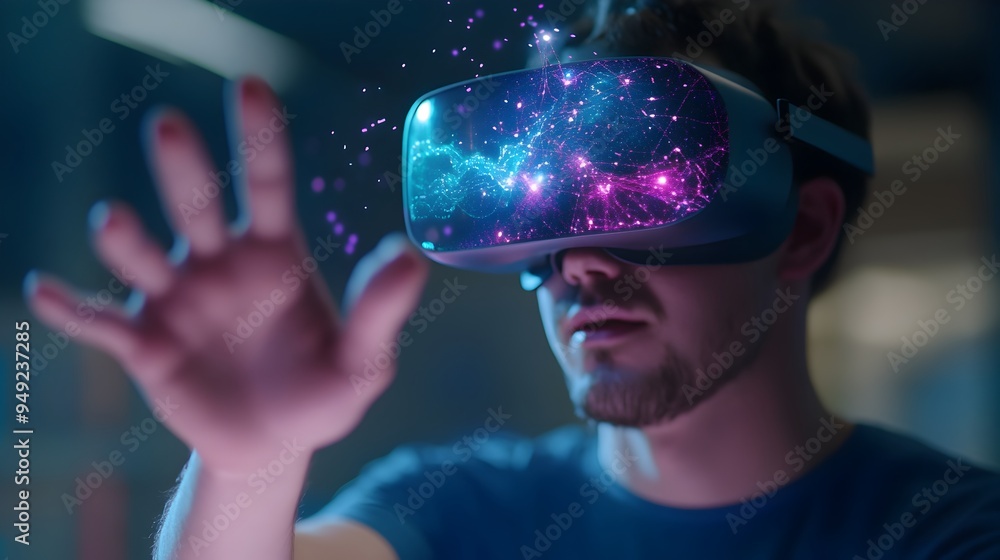 VR Headset User Exploring Immersive 3D Web Interface with Futuristic ...
