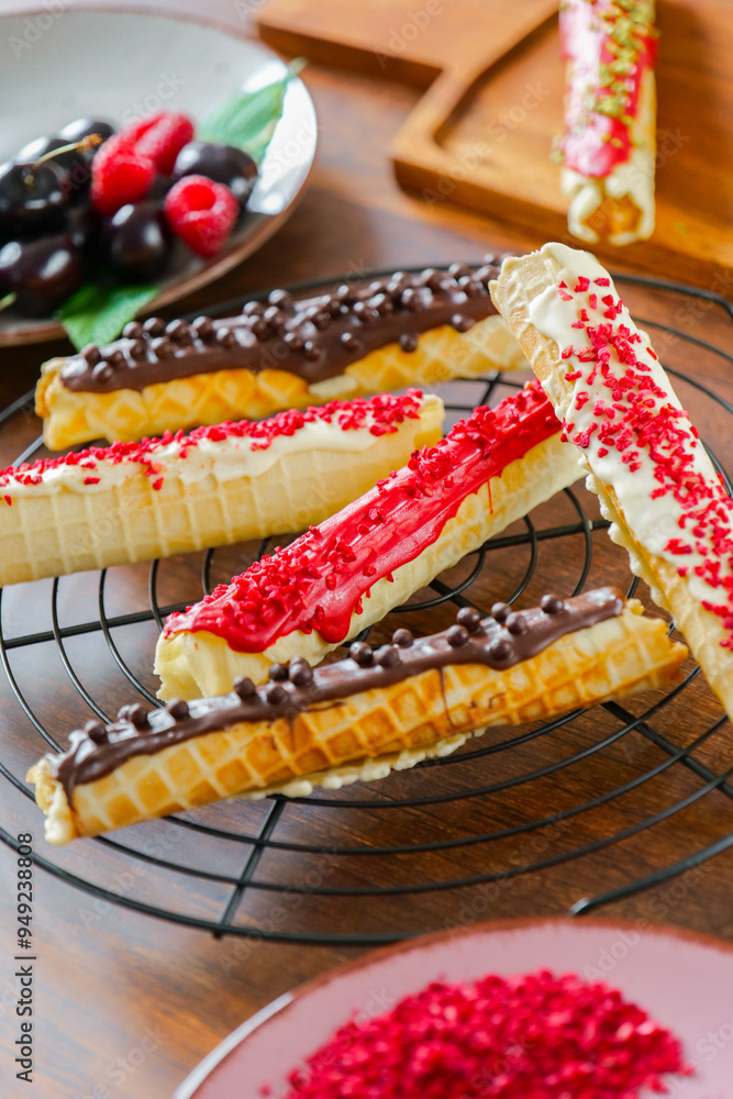 Wafer pastries on the table. Wafer rolls with dried raspberries and ...