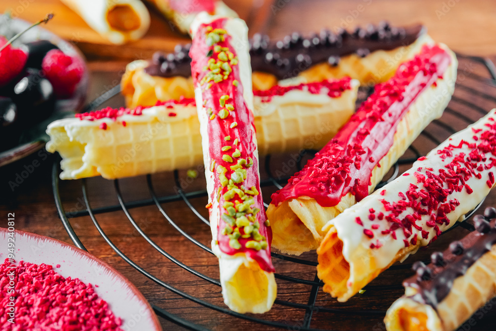 Wafer rolls with dried raspberries, pistachio crumbs and chocolate ...