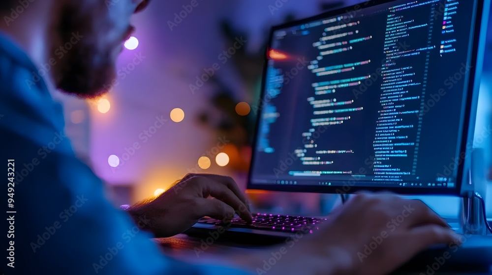 Skilled Software Developer Coding in Modern Minimalist Tech Workspace ...