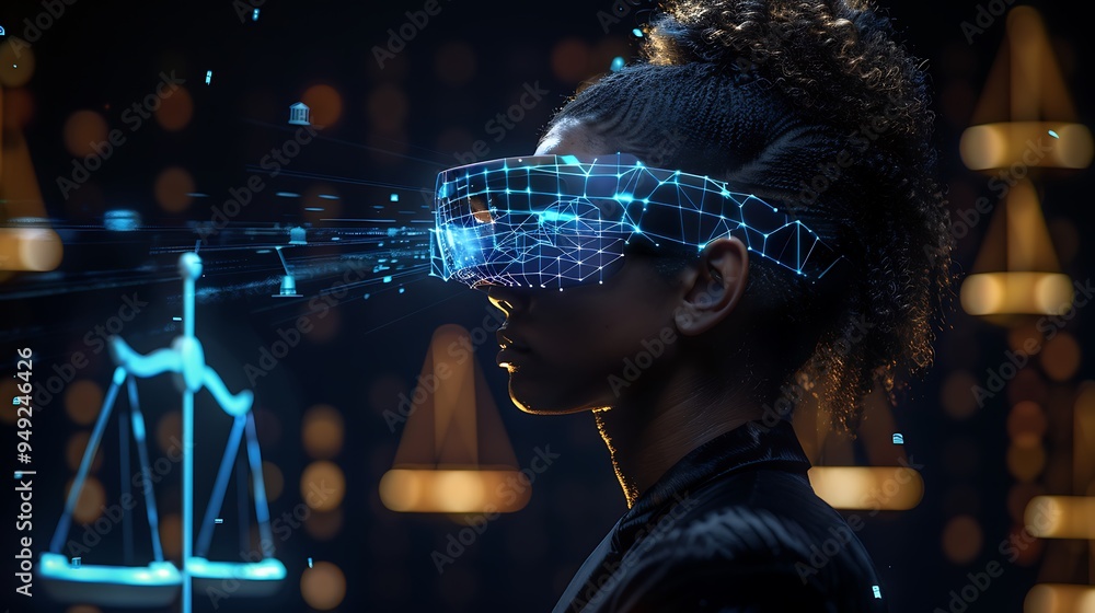 A lawyer using augmented reality glasses to visualize legal strategies ...