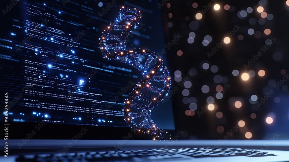 DNA double helix model, floating in front of a computer screen, digital data, lab setting Stock ...