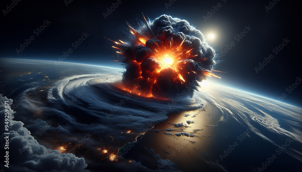 Poster Fiery explosion on Earth from space with dramatic shockwaves ...