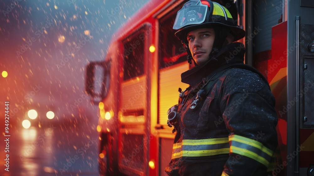Brave firefighter standing in front of fire truck in heavy rain, ready ...