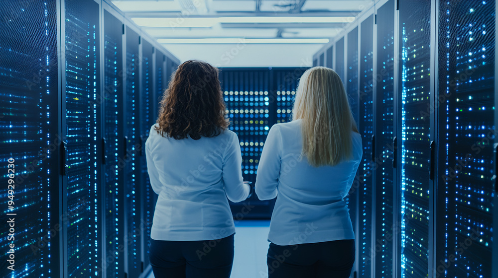 Two Women Working in a Server Room, Perfect for Tech and Data Center ...
