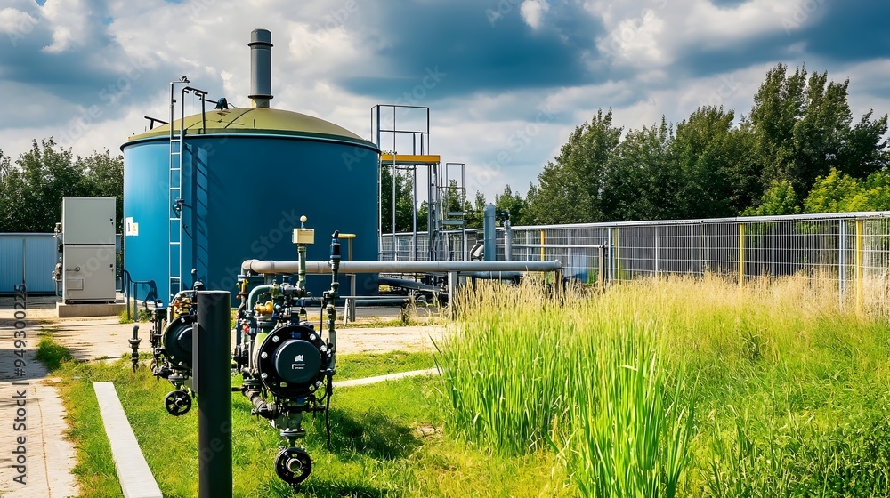 Biogas Digester with Pipes and Valves Processing Grass into Renewable ...
