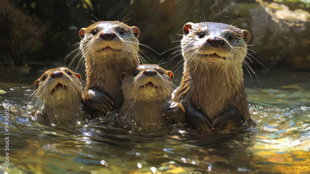 Four Otters in a Pond Stock Photo | Adobe Stock