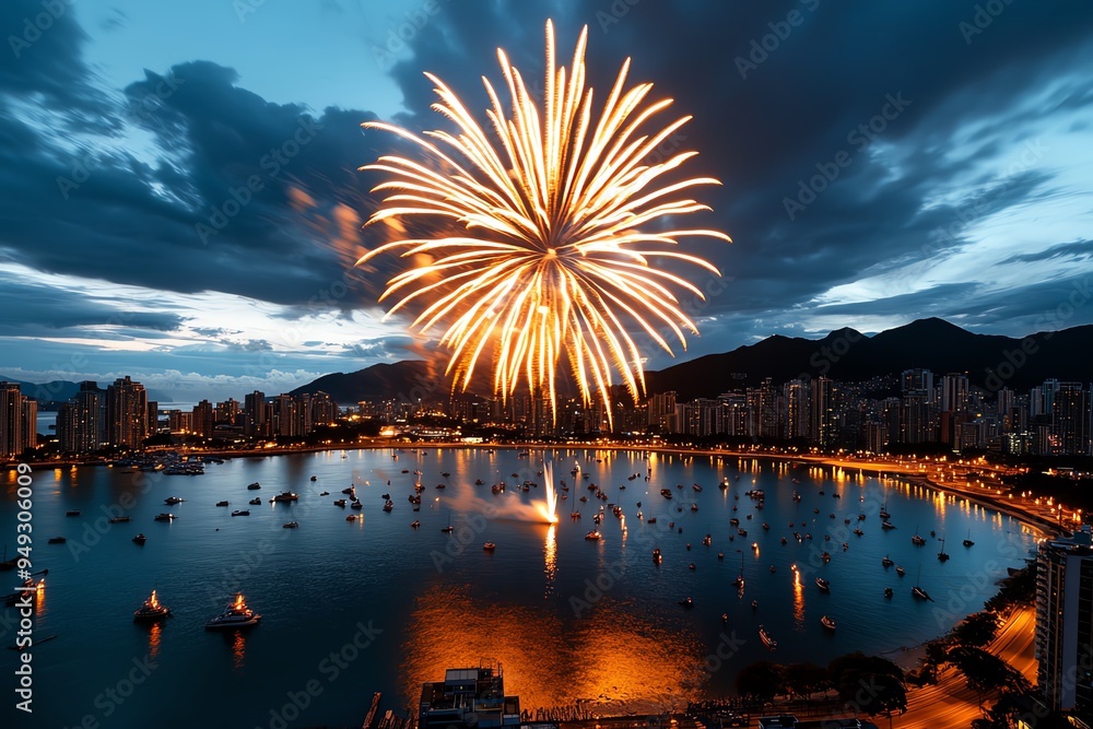 Constitution Day with a patriotic fireworks display, illustrated in a ...