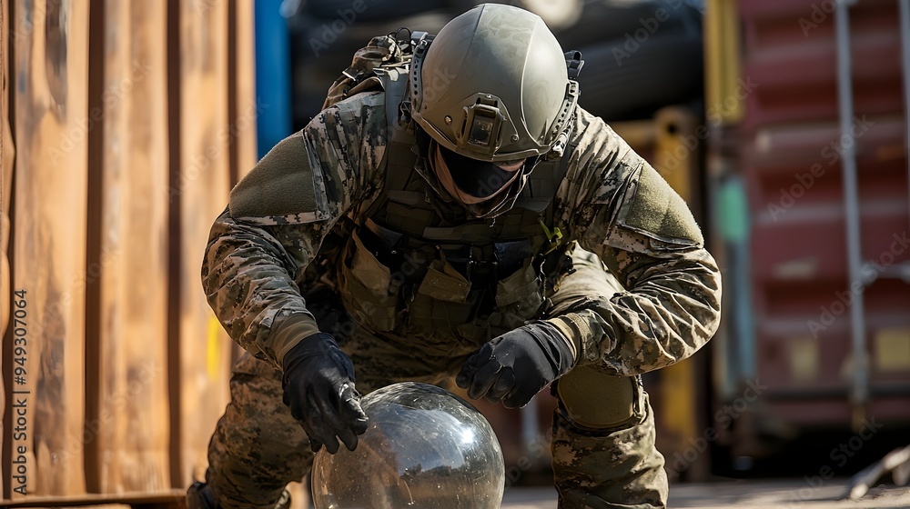 EOD Officer Carefully Placing Explosive Device Into Containment Unit ...