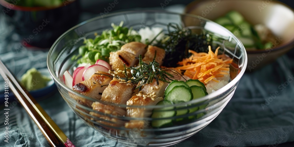 Components for a rice bowl featuring chicken, radish, cucumber, seaweed ...