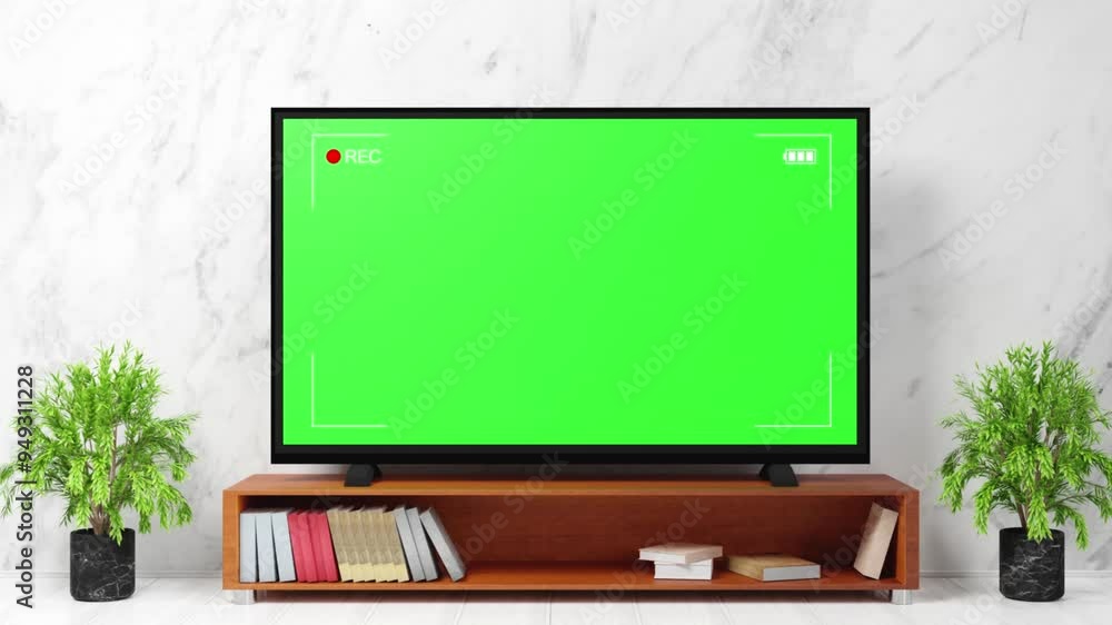 camera recording plays on a modern green screen (Chroma Key) LED TV in ...