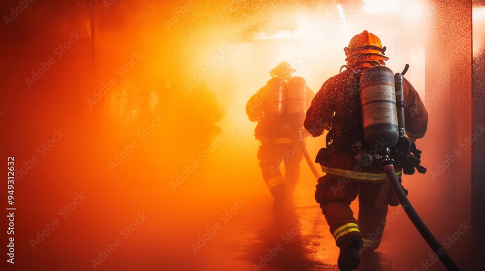 Firefighters in full gear navigate through thick smoke in a burning ...