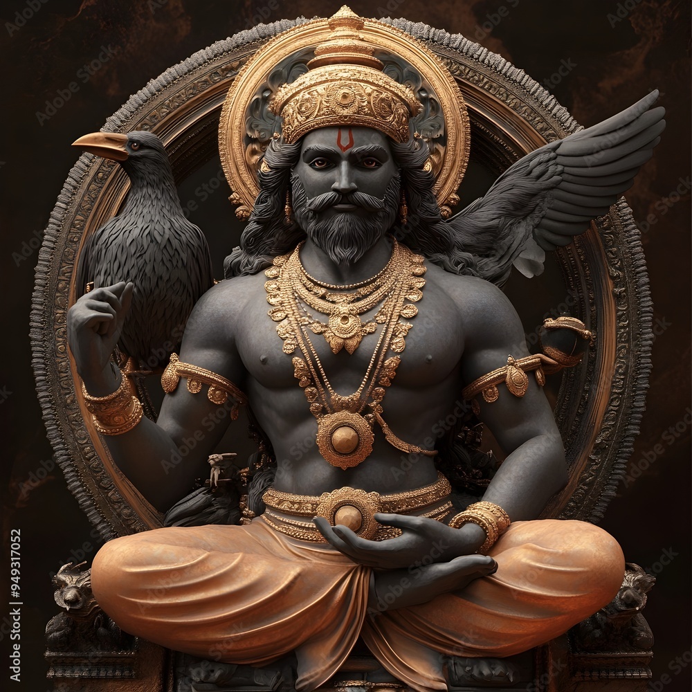 Solemn Digital Depiction of the Hindu Deity Lord Shani with a Crow in ...