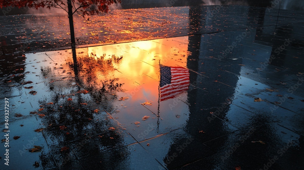 Ground Zero Memorial with an American flag reflecting in the water as ...