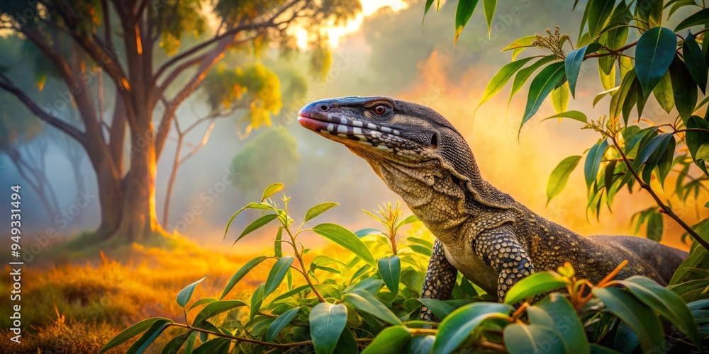 A serene Australian landscape at dawn, misty morning air clings to the ...