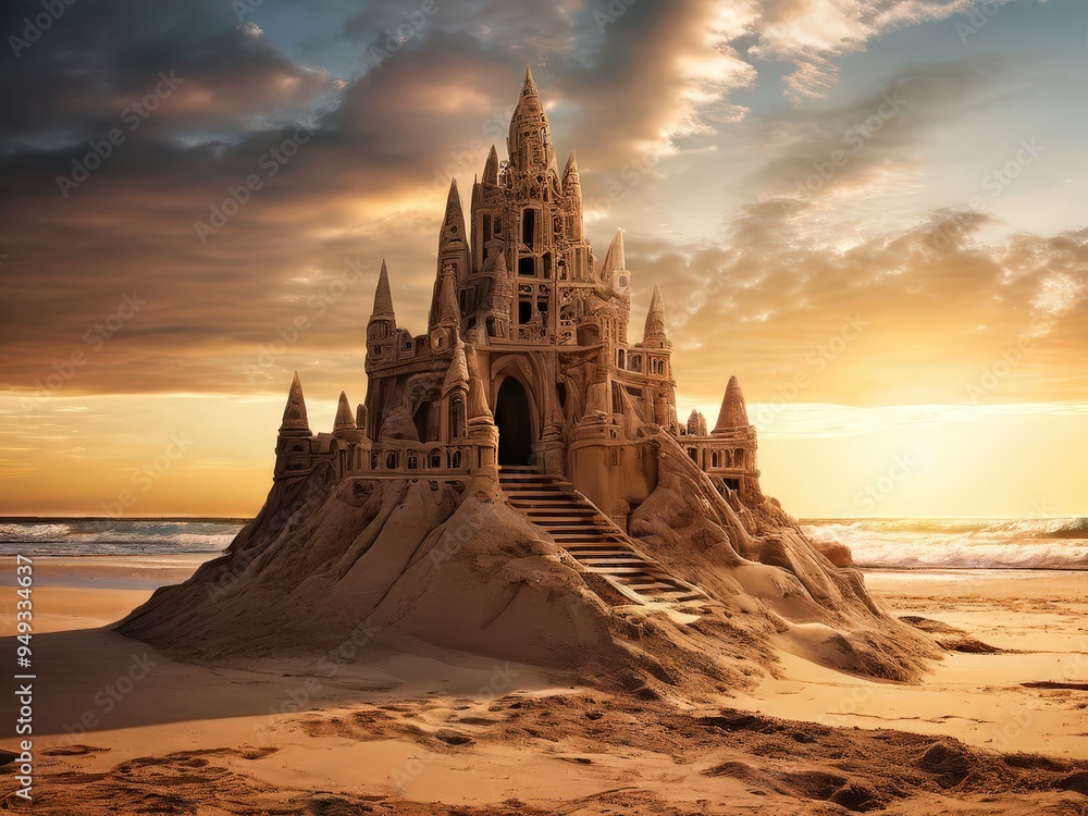 the AI Image Generator, detailed sand castle stands proudly on a beach ...