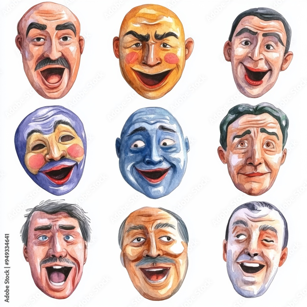 Watercolor Theater Masks Collection: Vibrant Comedy and Tragedy Faces ...