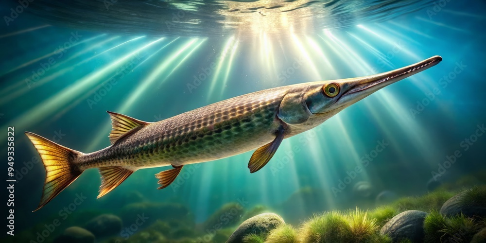 Effortlessly, the longnose gar navigates the water's surface, its snout ...
