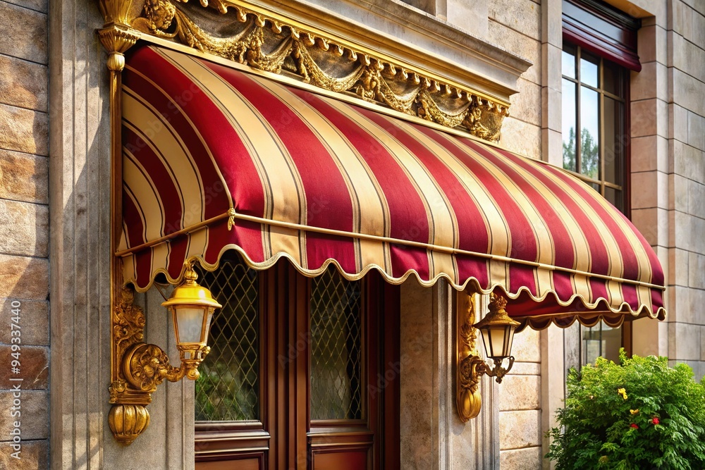 Traditional Italian awning with ornate carved wood details and rich ...