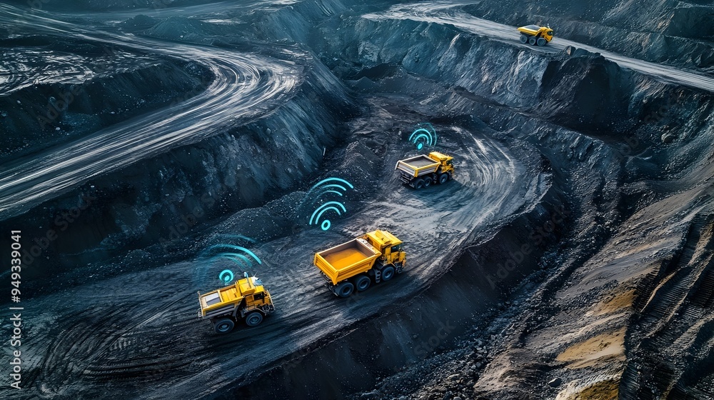 Aerial view of IoT sensors tracking the real time movement of mining ...