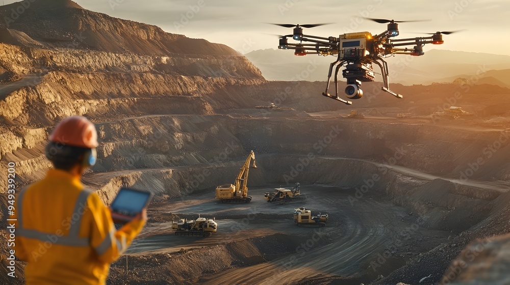 Aerial view of IoT connected drones surveying a mining site leveraging ...