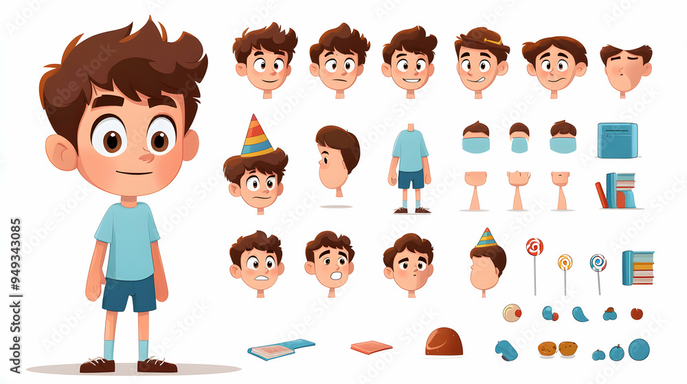 Cartoon boy character sprite sheet with various expressions ...