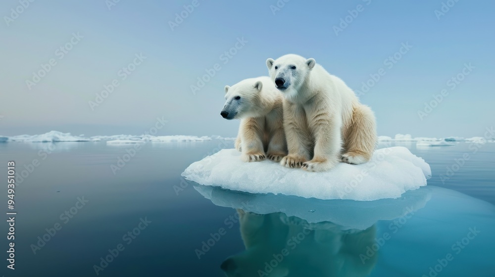 Two polar bears sit on a floating ice sheet in the arctic waters ...