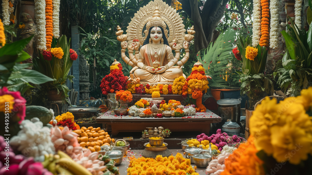 Navaratri festival of god Durga, a magnificent altar with a statue of ...