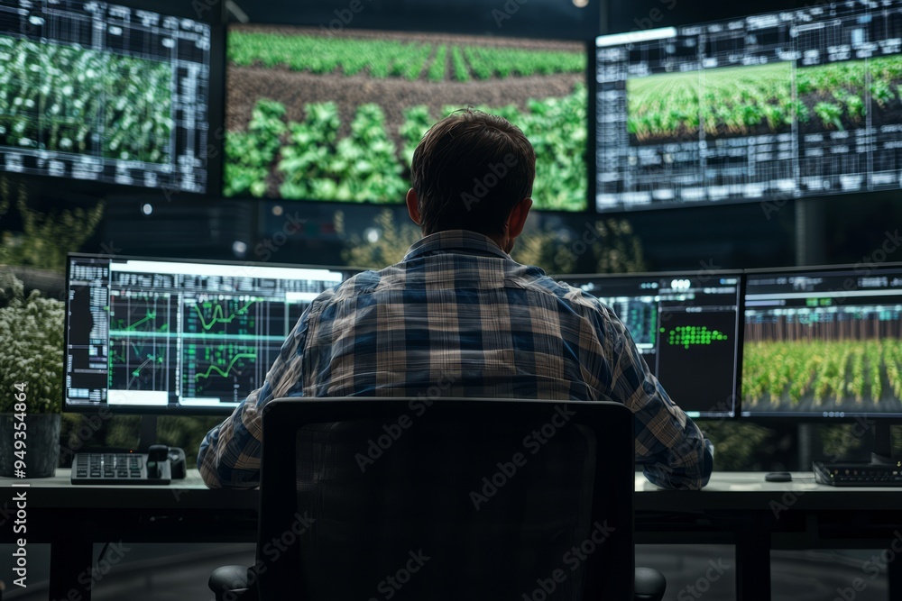 A modern farmer at a smart farm control center, surrounded by screens ...