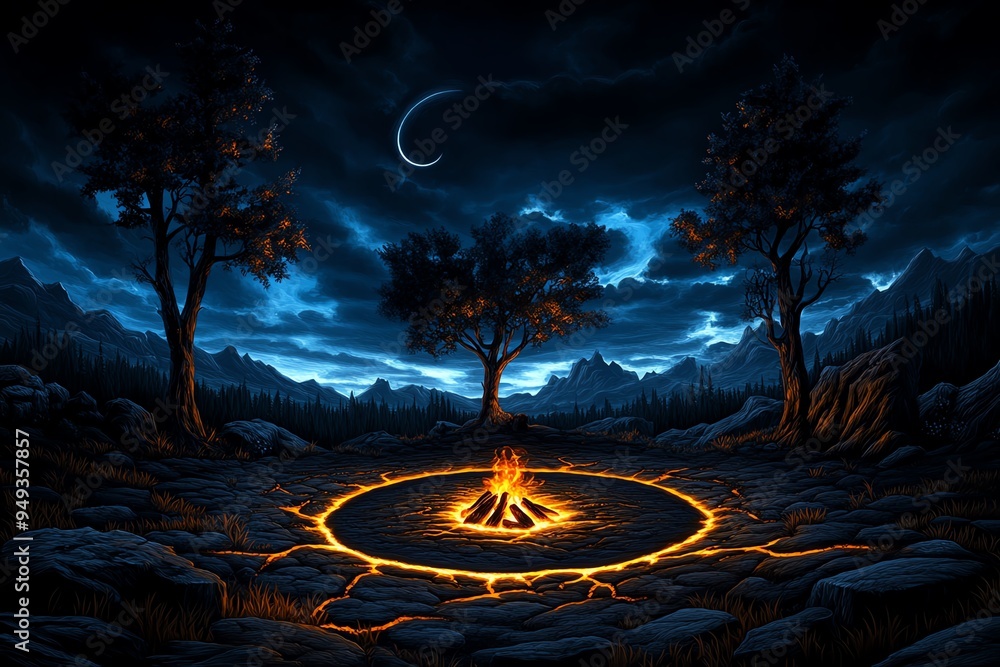 Hunting Forest with a hunterâ€™s campfire, depicted in an artwork where ...