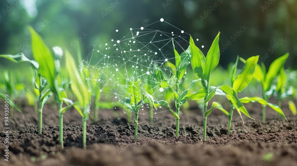 IoT-based smart farming with corn seedlings, alongside an infographic ...