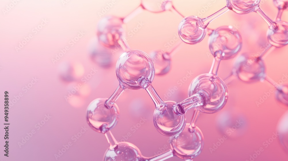 Molecular model with interconnected, transparent atoms, floating on a ...