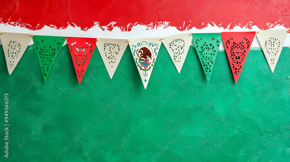 un fondo mexicano con banderines decorativos con el escudo de la ...