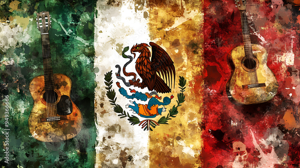 bandera de mexico con estilo pintura de acrilico con dos guitarras ...