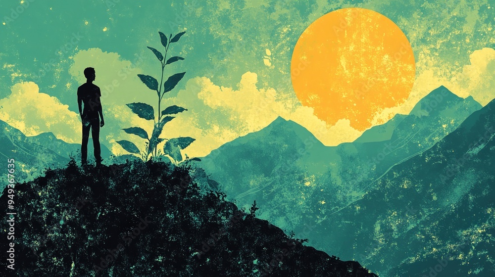 concept of personal growth, featuring a stylized figure ascending a ...