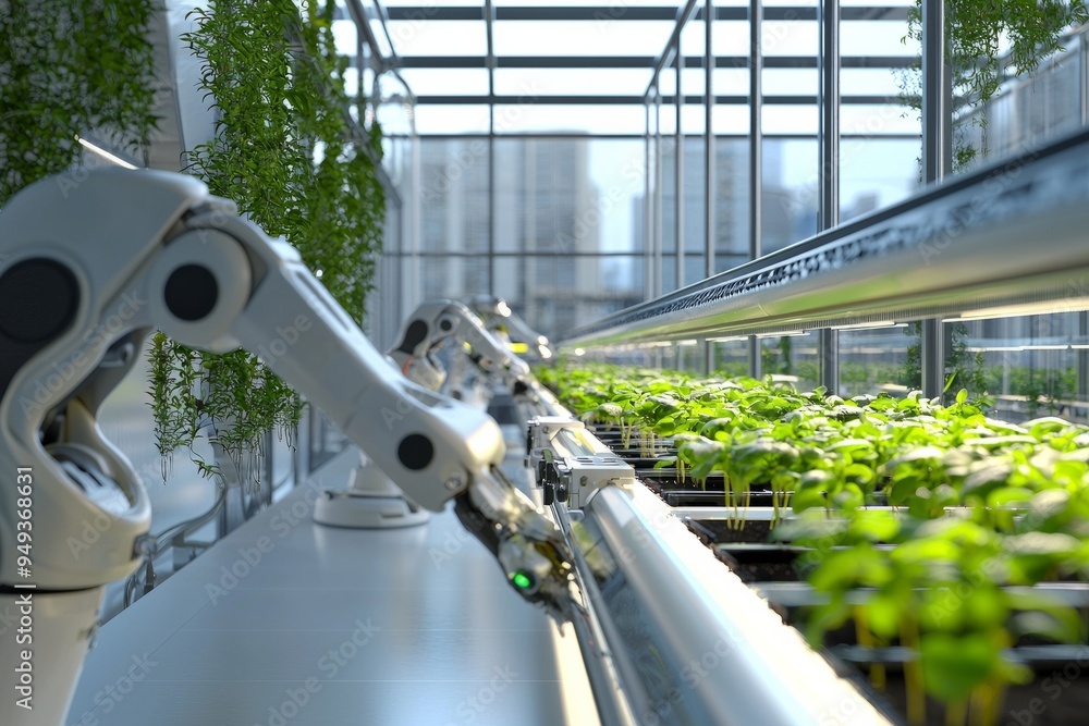 Vertical farming system with automated robots tending the plants. The ...