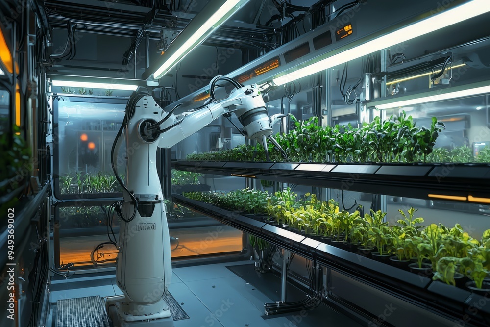 Vertical farming system with automated robots tending the plants. The ...