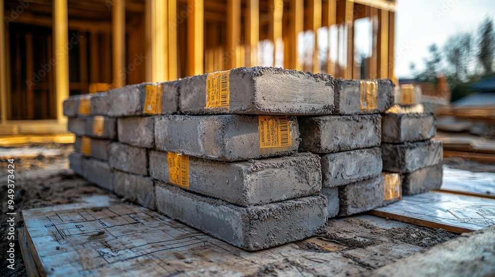 stack of concrete foundation blocks with price tags attached. Partially ...