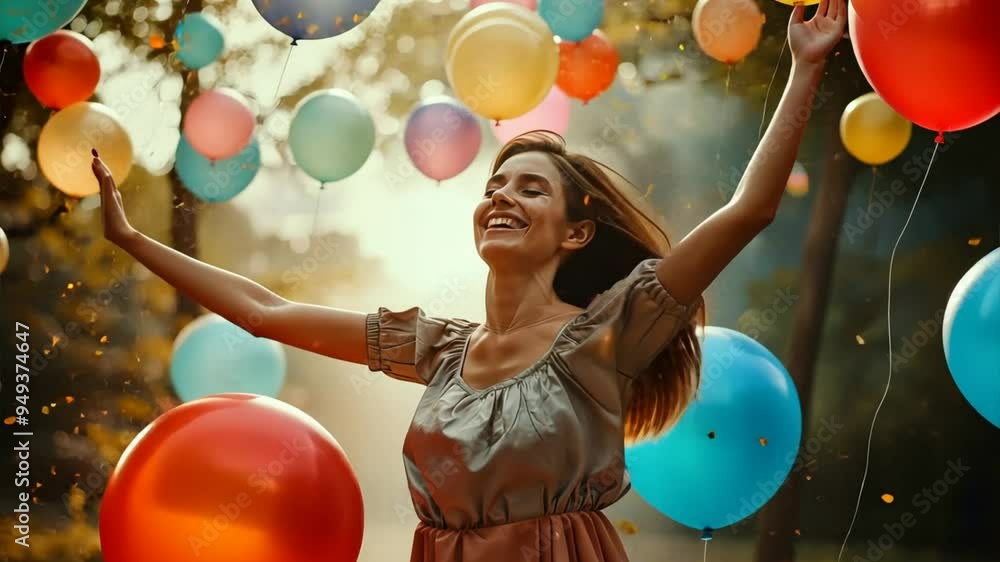 Joyful Embrace of Freedom: A young woman radiates happiness, arms ...