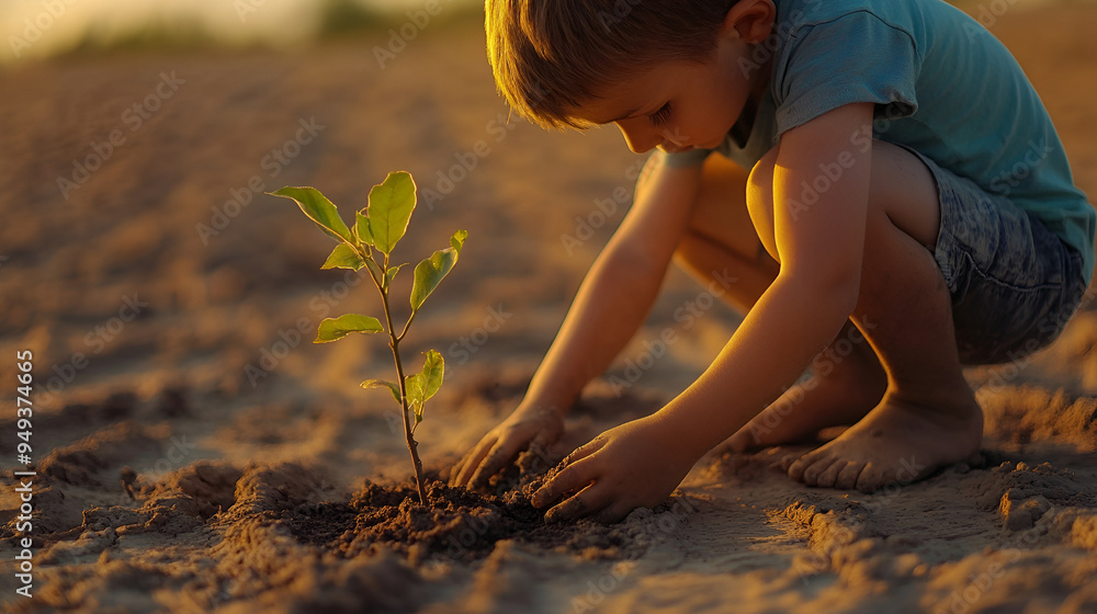 niño pequeño plantando un arbol en tierra seca con la esperanza de ...