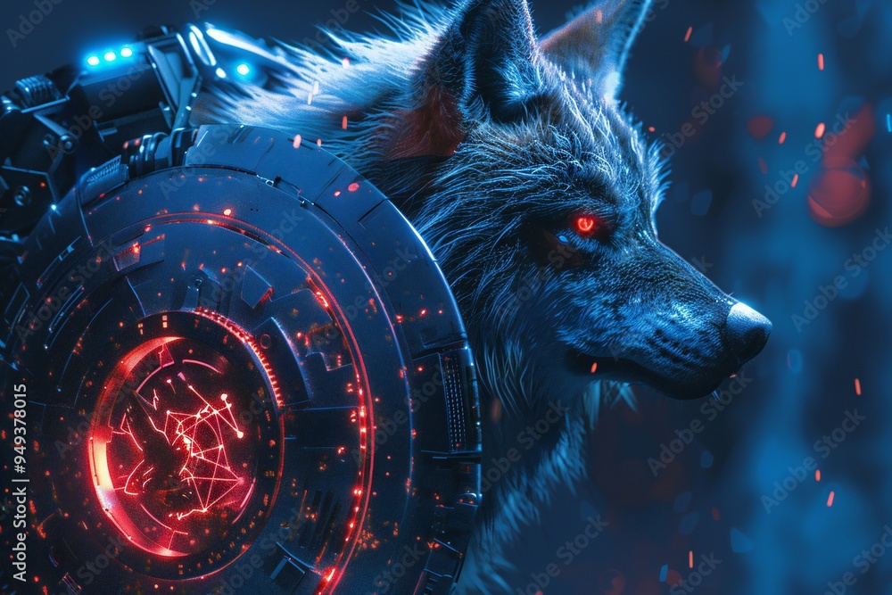 Cyberpunk wolf wearing a digital shield, defending against cyber ... Cyberpunk wolf wearing a digital shield, defending against cyber ...