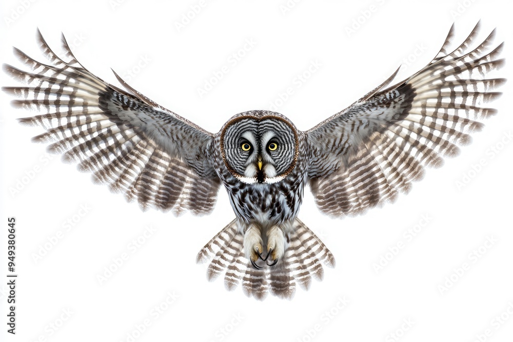 Stunning capture of a great grey owl with wide-spread wings,flying ...