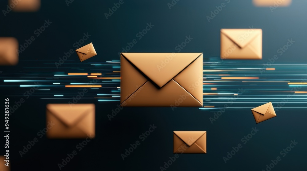 Dynamic digital representation of floating golden envelopes, conveying ...