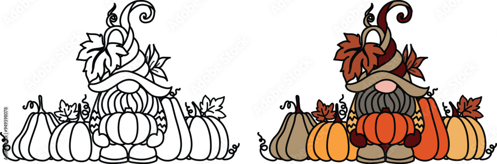 Groovy cute autumn harvest gnome holding pumpkin with leaf and acorn ...