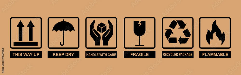 Packaging and warning symbols set, fragile cargo icons, fragile package warning signs umbrella ...