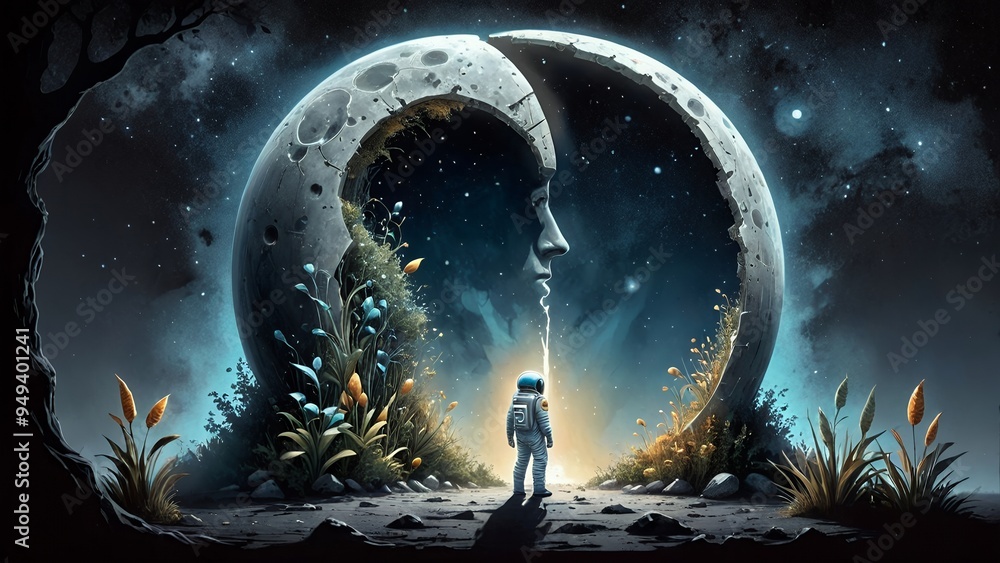 Astronaut gazing at a surreal moon face in a cosmic landscape at night ...